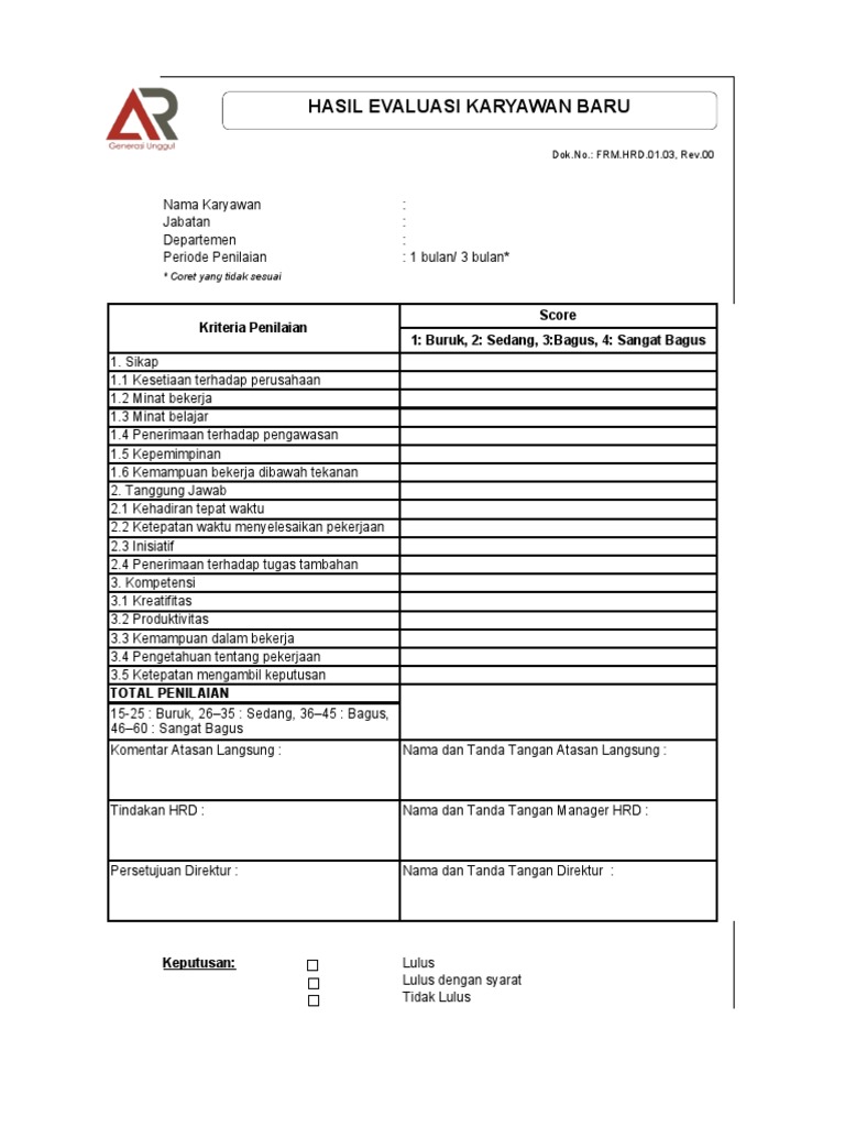 FRM - HRD.01.03 - Hasil Evaluasi Karyawan Baru | PDF