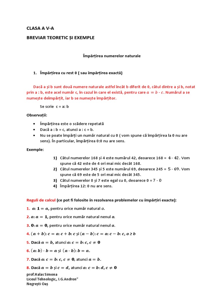Clasa A V-A Breviar Teoretic Și Exemple: Reguli de Calcul 1. 2 3 4. 5. 6. 7. 8 | PDF