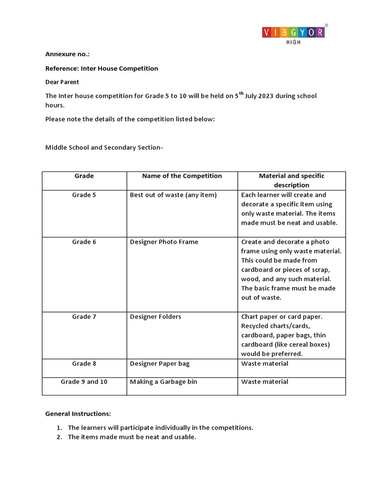 Annexure I. A. 8. VH Inter House Competition - Ay 23 24 | PDF | Waste ...