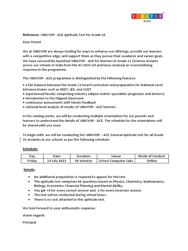 Annexure 1. A. 12 For Parents (VH) - Annexure For Vibgyor Ace Aptitude ...