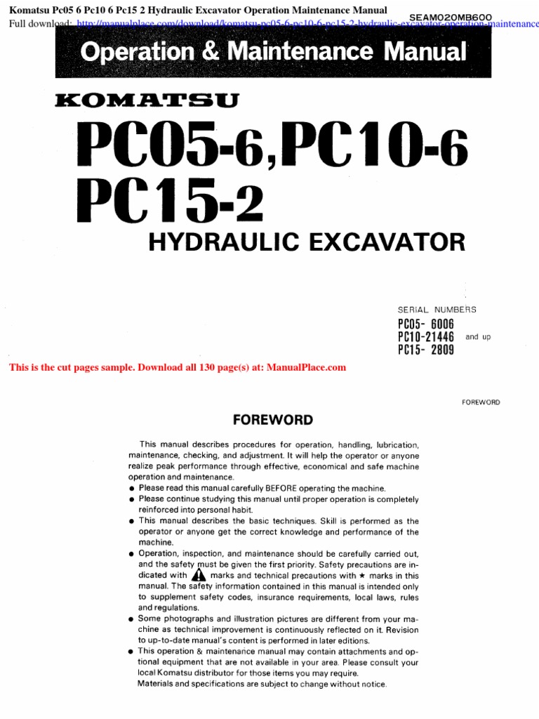 Komatsu Pc05 6 Pc10 6 Pc15 2 Hydraulic Excavator Operation Maintenance ...