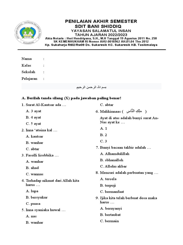 Contoh Soal UAS PAI Kelas 1 2023 | PDF