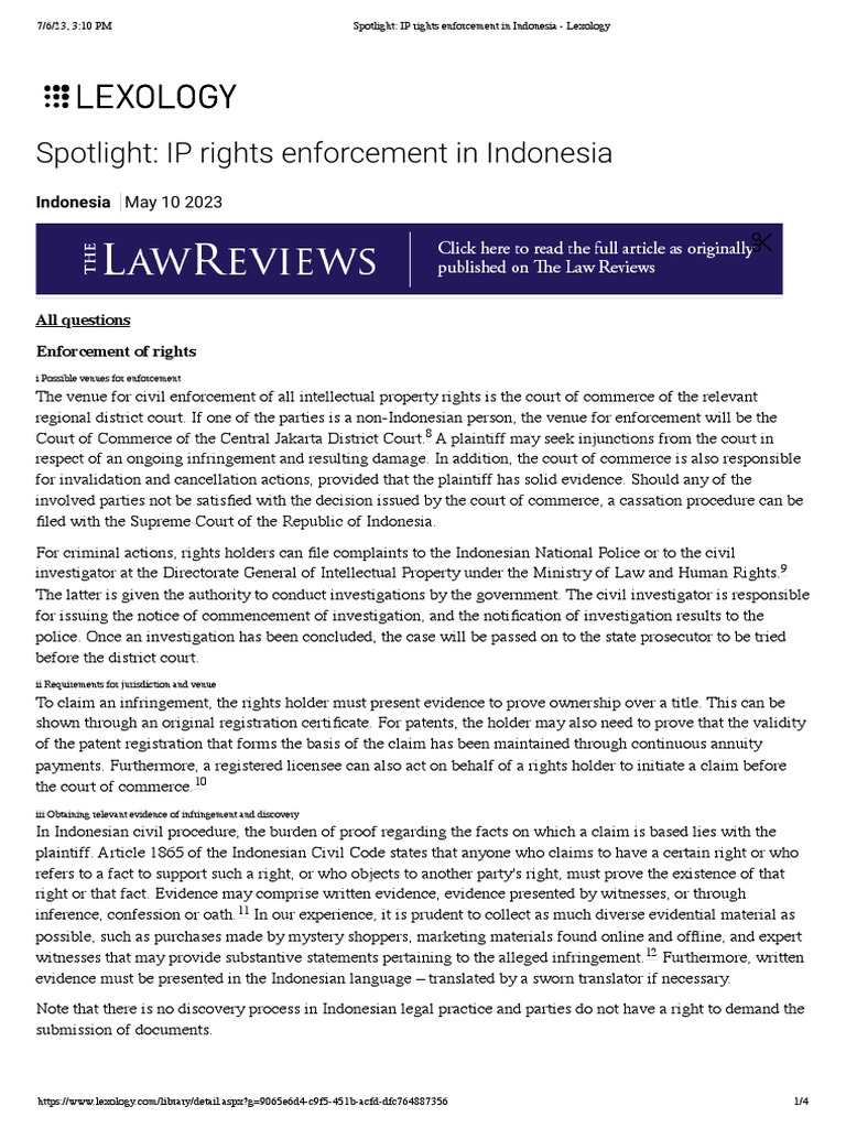 Spotlight - IP Rights Enforcement in Indonesia - Lexology | PDF ...