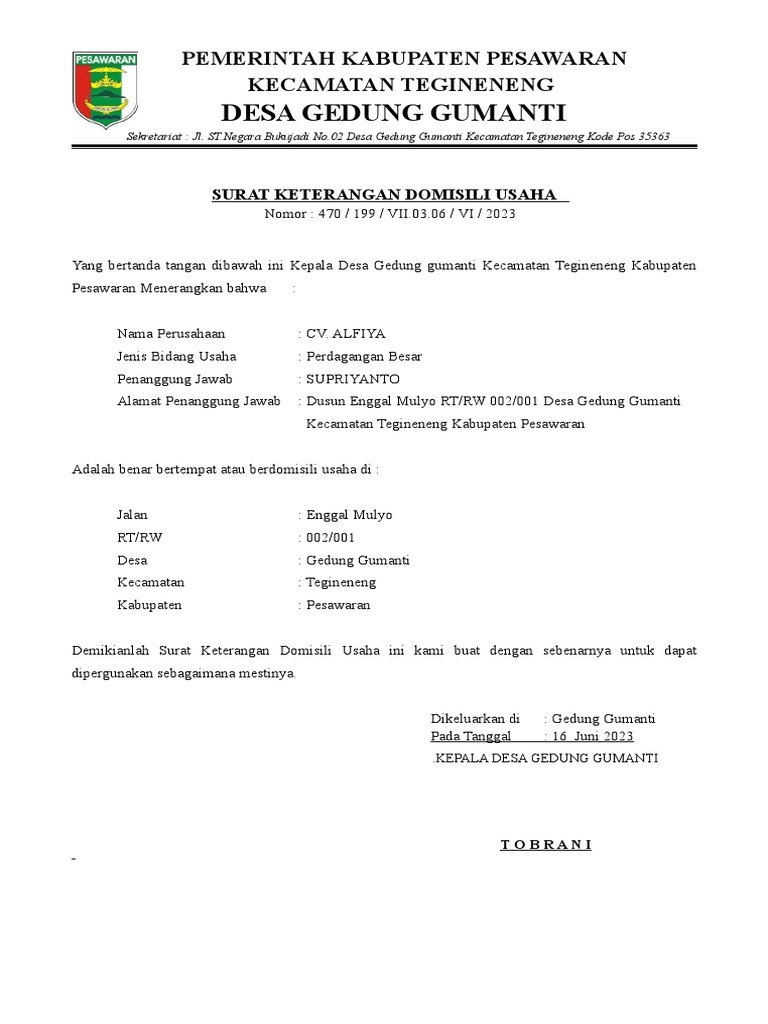 Surat Keterangan Domisili Usaha CV. Alfiya | PDF