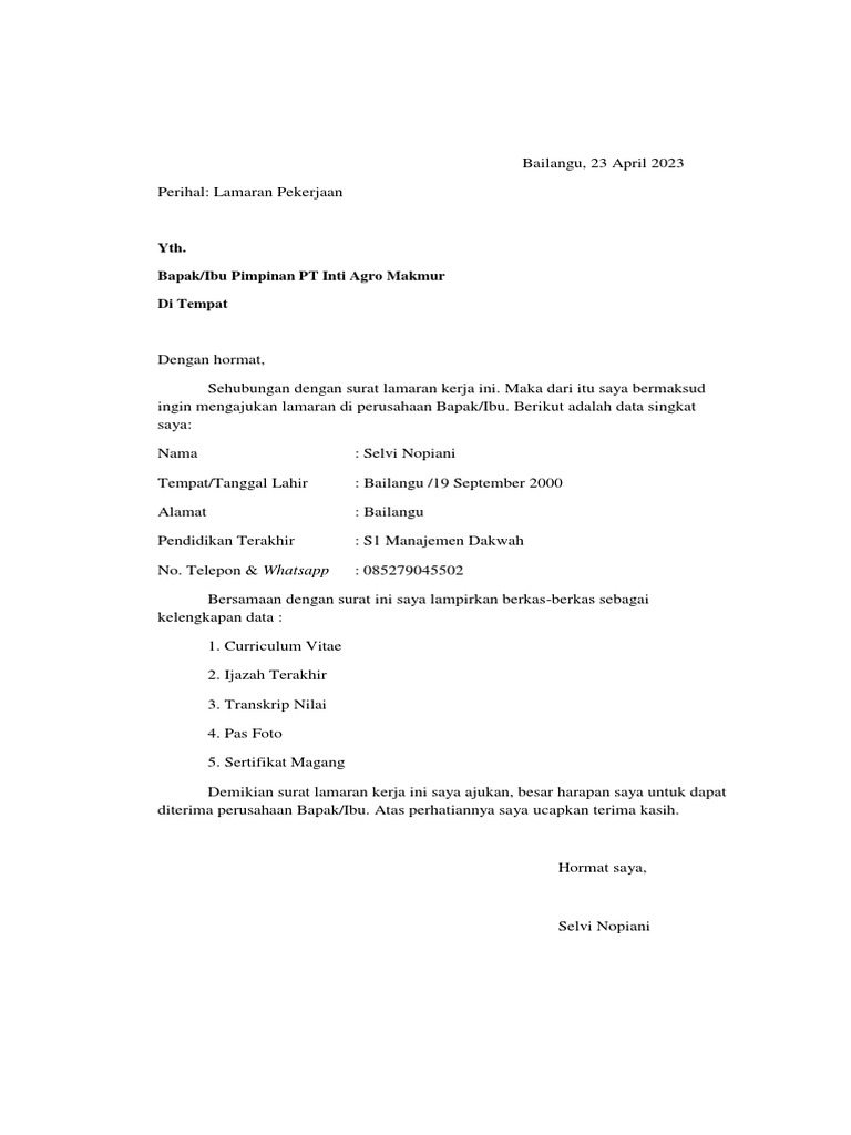 Lamaran Pekerjaan - Selvi Nopiani1 | PDF
