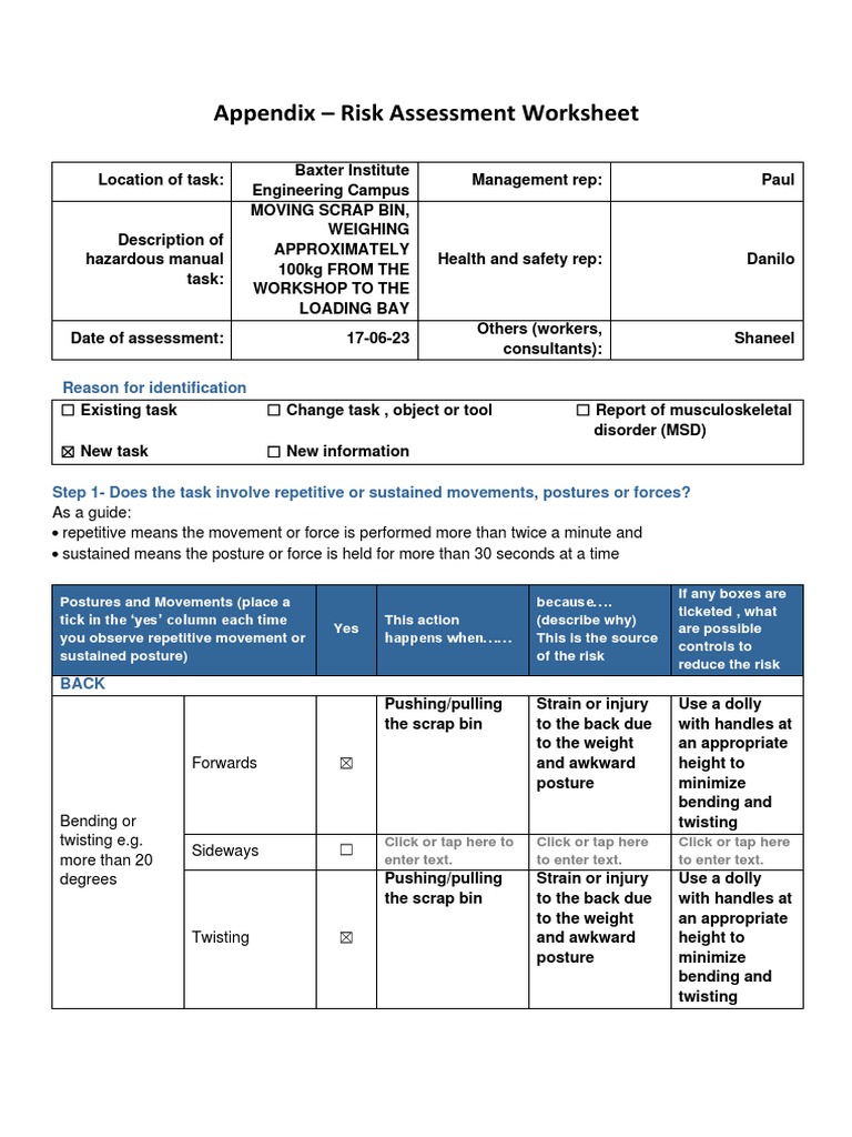 Appendix - Risk Assessment Worksheet: Reason For Identification | PDF