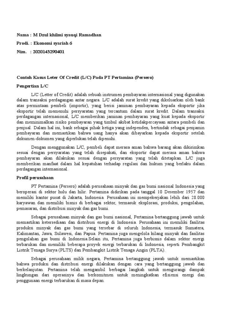 Contoh Kasus Letter of Credit di Pertamina | PDF | Bisnis