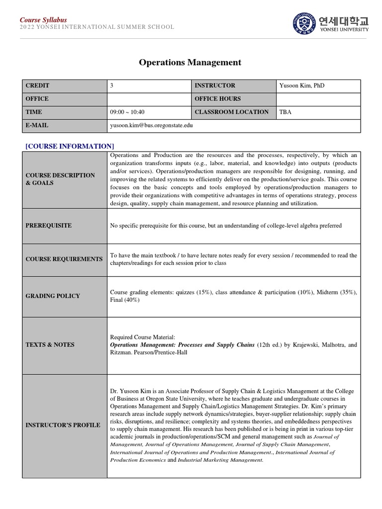 Yonsei University - Operations Management | PDF | Supply Chain ...