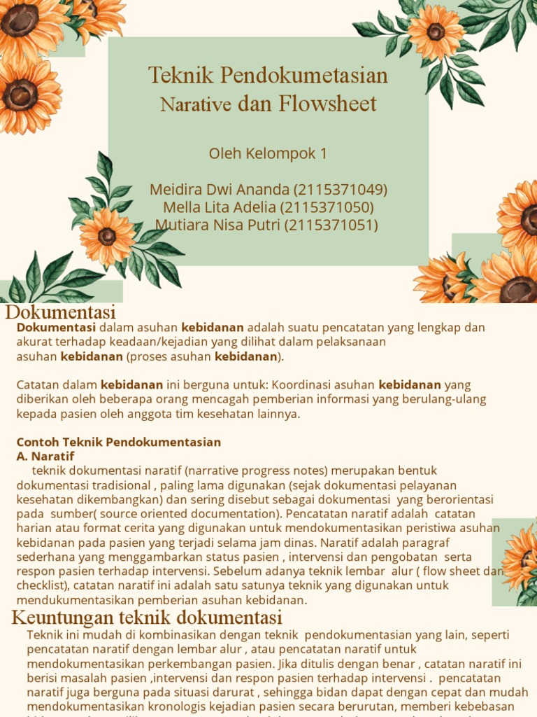 Teknik Pendokumentasian Narative & Flowsheet Kelompok 1 Dokumentasi Kebidanan | PDF | Sains ...