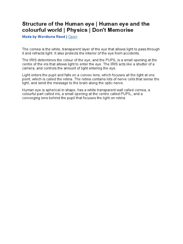 Structure of The Human Eye - Human Eye and The Col-WT - Summaries | PDF