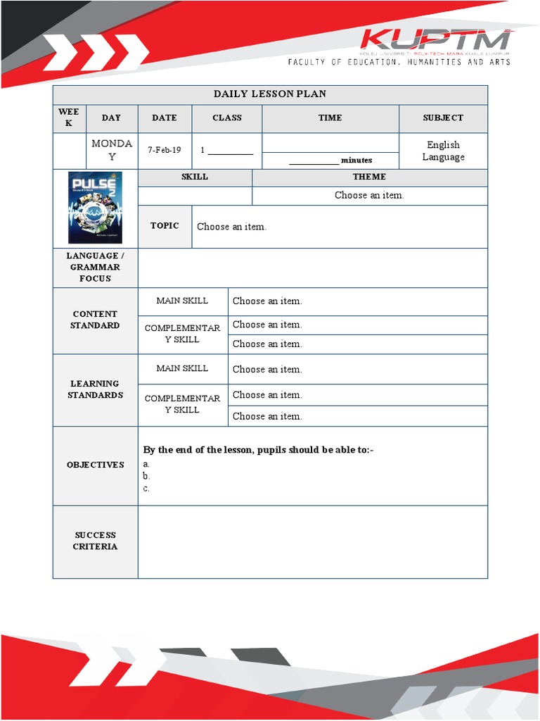 Form 1 Lesson Plan Kuptm | PDF