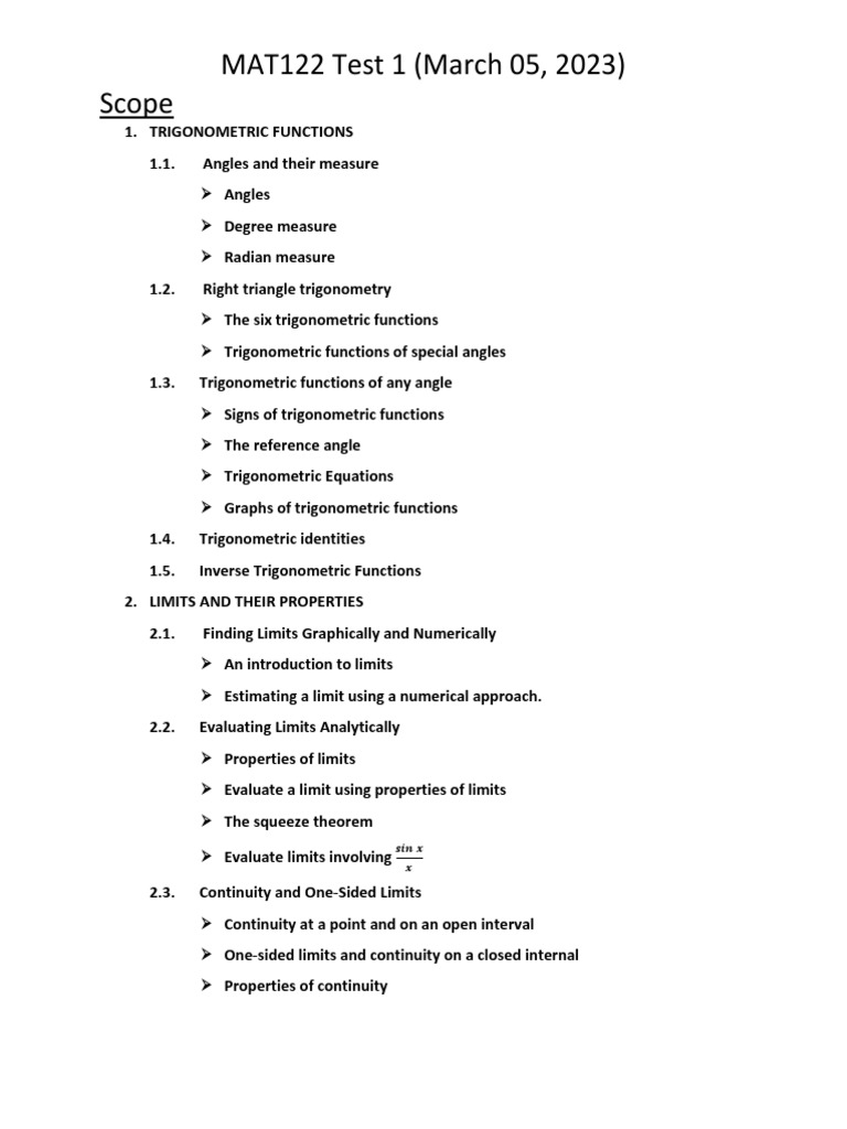 MAT122 Test 1 Scope Overview | PDF | Teaching Methods & Materials ...