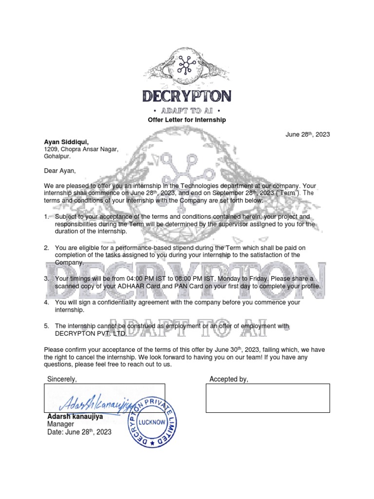 Decrypton - Intership Offer Letter - Technologies - Ayan | PDF
