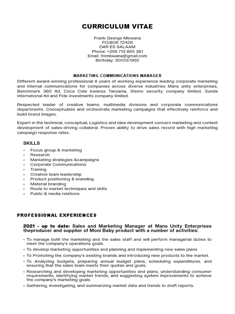 Frank Mbwana - CV 2022 | PDF