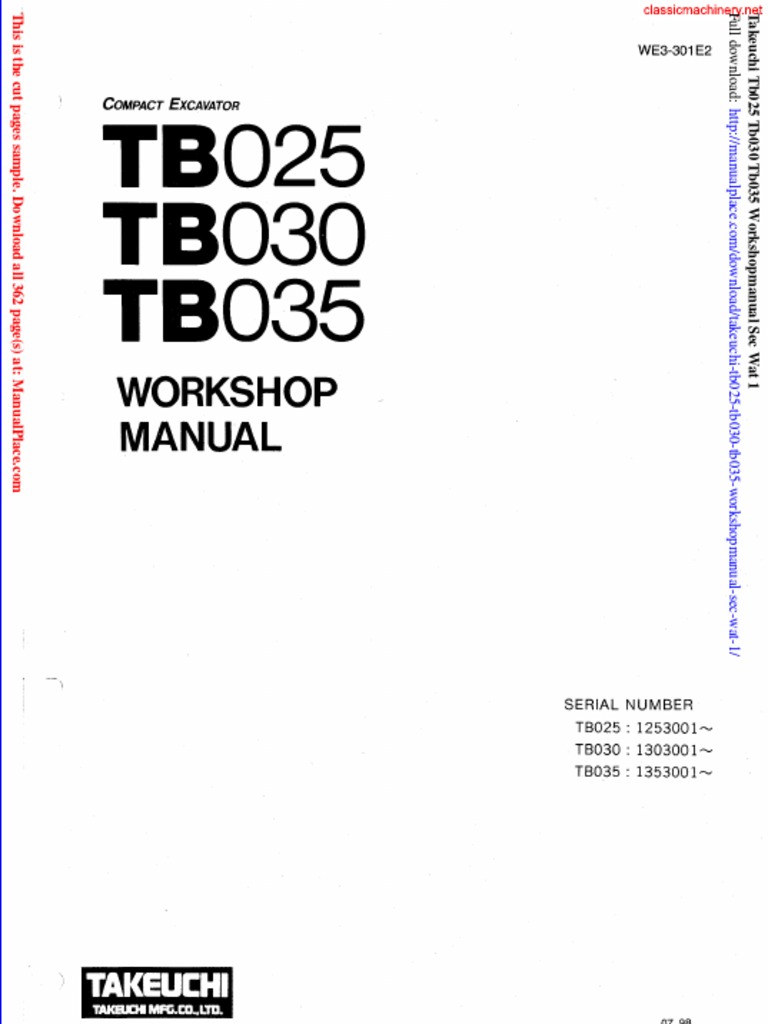 Takeuchi Tb025 Tb030 Tb035 Workshopmanual Sec Wat 1 | PDF