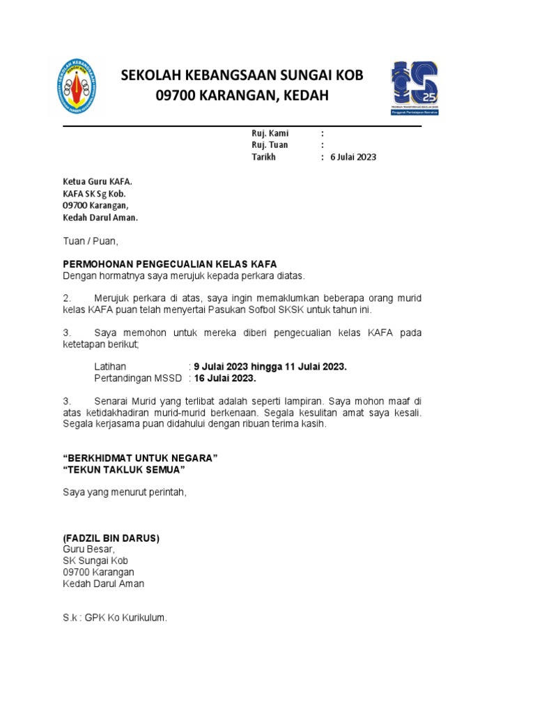 Surat Pengecualian Kelas Kafa Sofbol | PDF