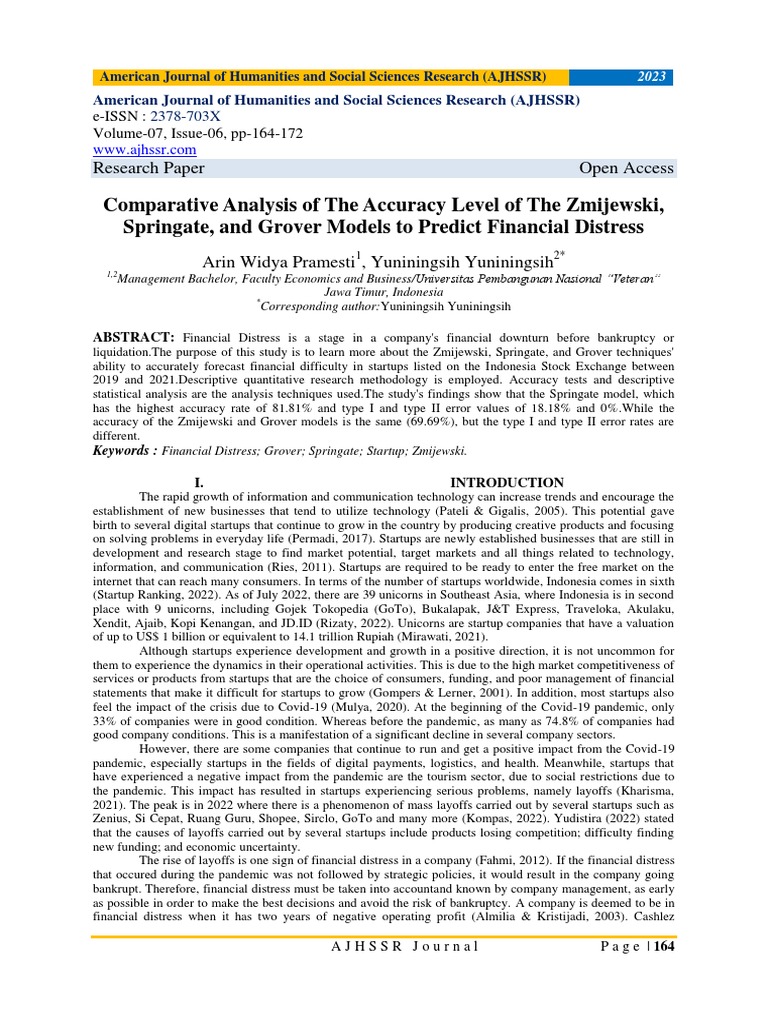 Comparative Analysis of The Accuracy Level of The Zmijewski, Springate, and Grover Models To ...