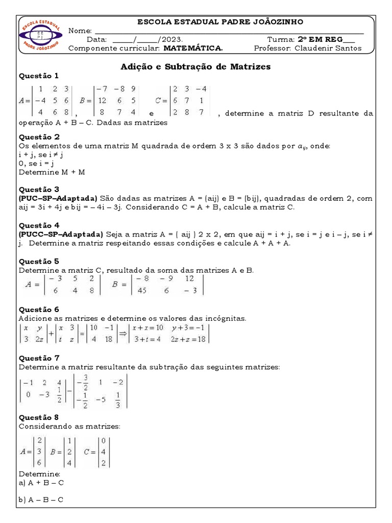 Adição e Subtração de Matrizes | PDF