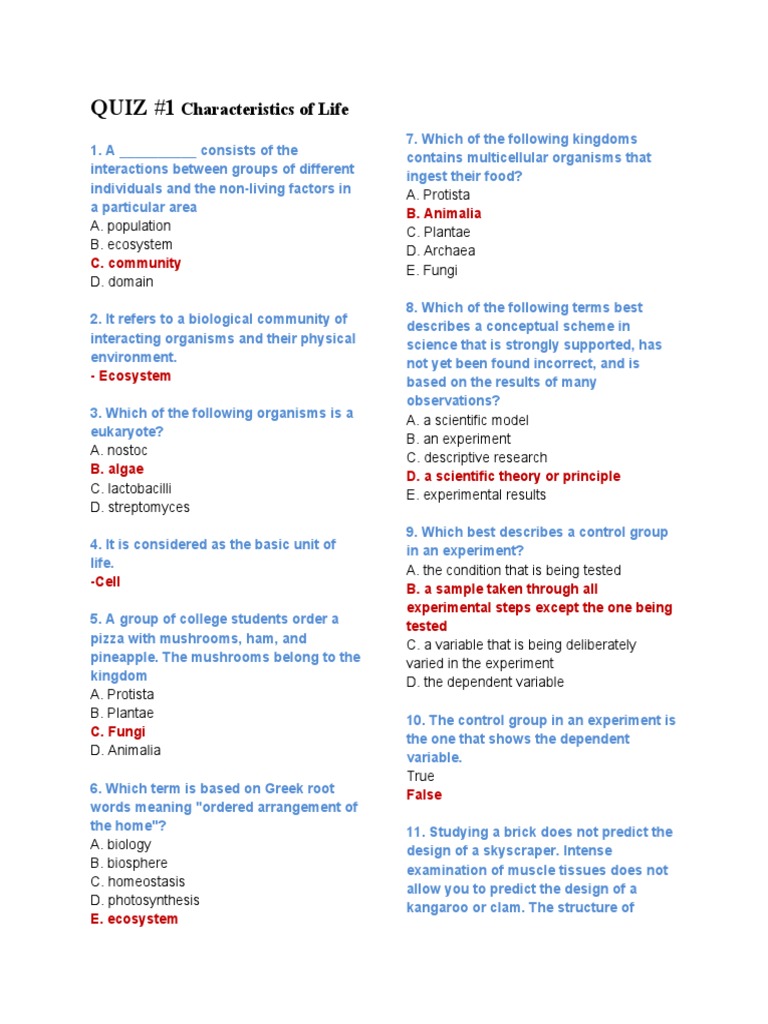 QUIZ#1 - Characteristics of Life | PDF | Life | Organisms