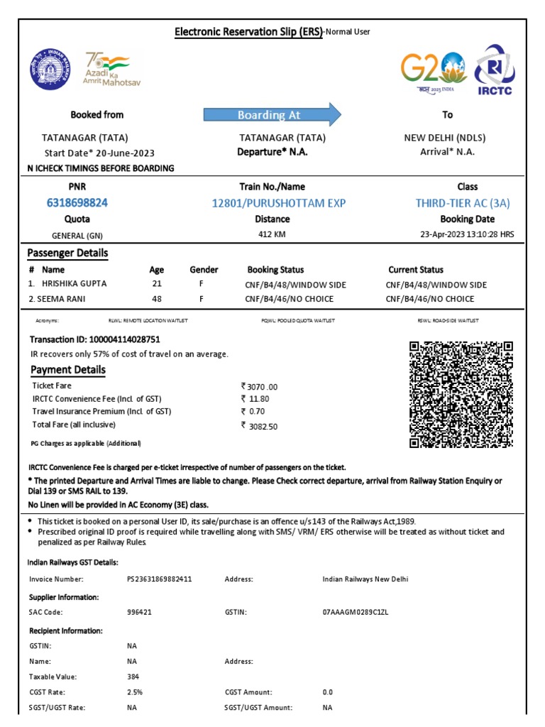 12801/purushottam Exp Third-Tier Ac (3A) | PDF | Identity Document