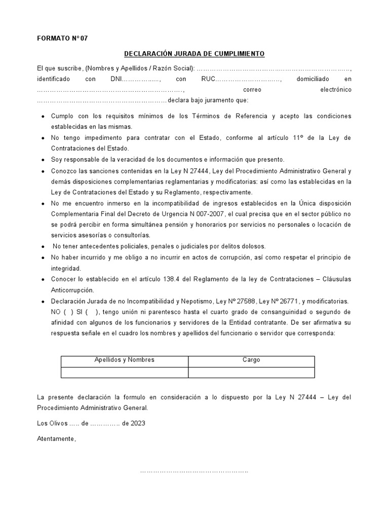 Formato #07 - Declaración Jurada de Cumplimiento | PDF