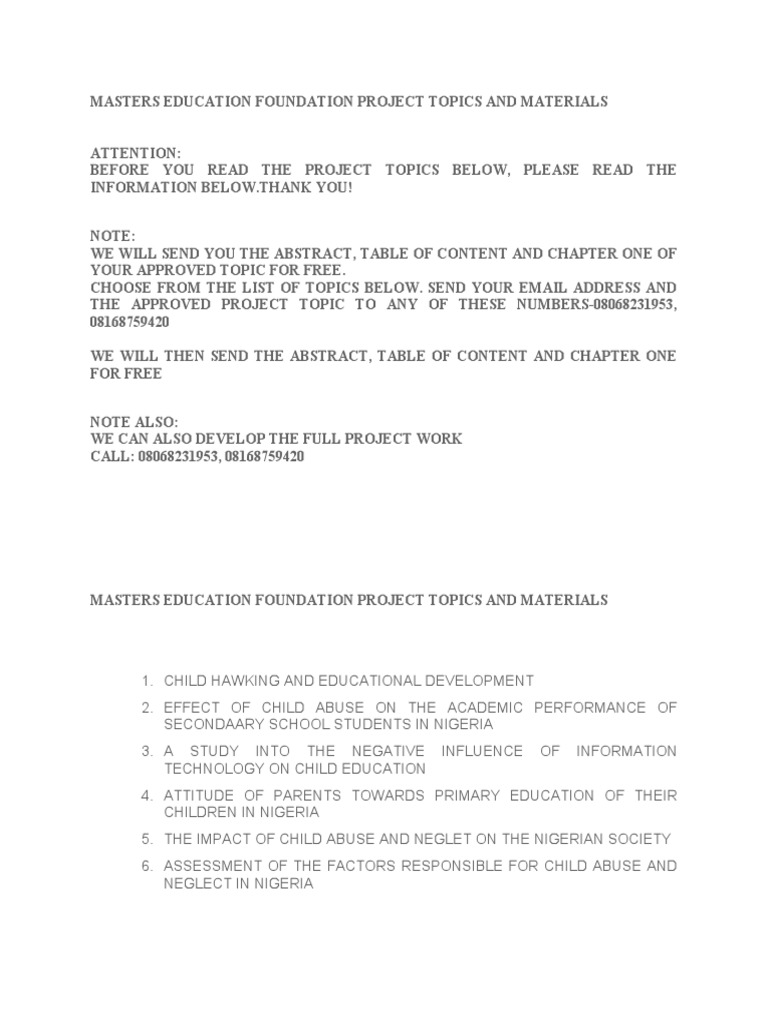 Masters Education Foundation Project Topics and Materials | PDF ...