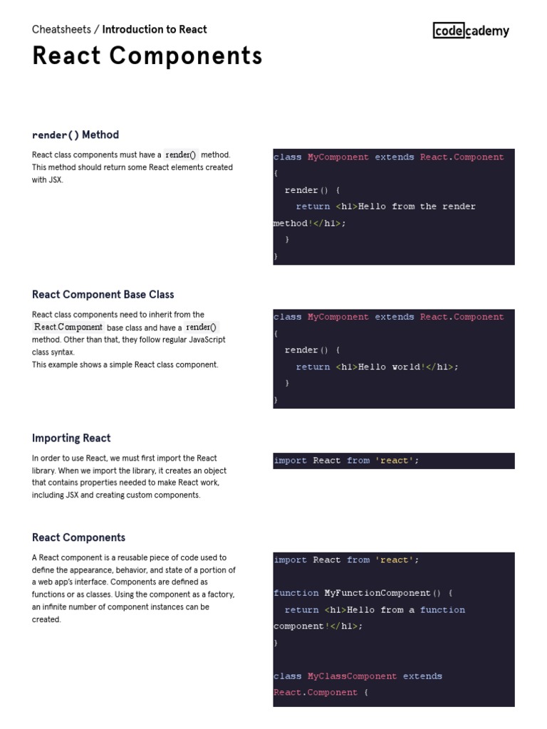 Introduction To React - React Components Cheatsheet - Codecademy | PDF | Class (Computer ...