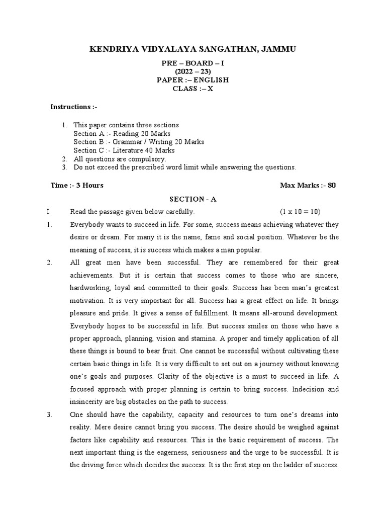 Class X English Pre-Board Exam Paper | PDF | Ellipsis