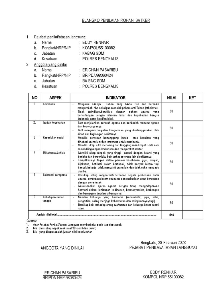 Contoh Nilai Satker e Rohani | PDF