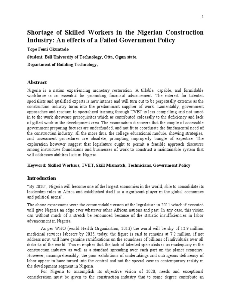 Shortage of Skilled Workers in The Nigerian Construction Industry: An Effects of A Failed ...