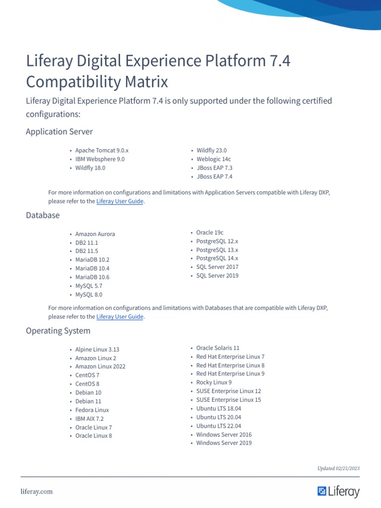 Liferay DXP 7.4 Compatibility Matrix | PDF | Cloud Computing | Linux Liferay DXP 7.4 Compatibility Matrix | PDF | Cloud Computing | Linux