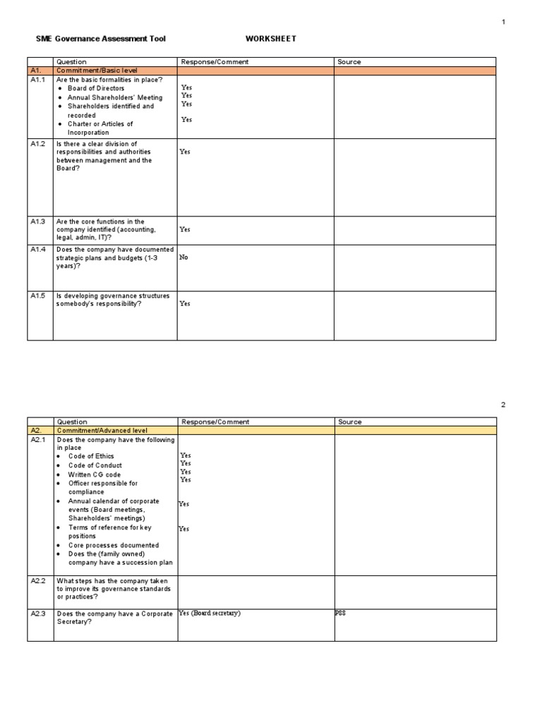 SME Governance Assessment Tool Worksheet: Response/Comment Source Commitment/Basic Level | PDF ...