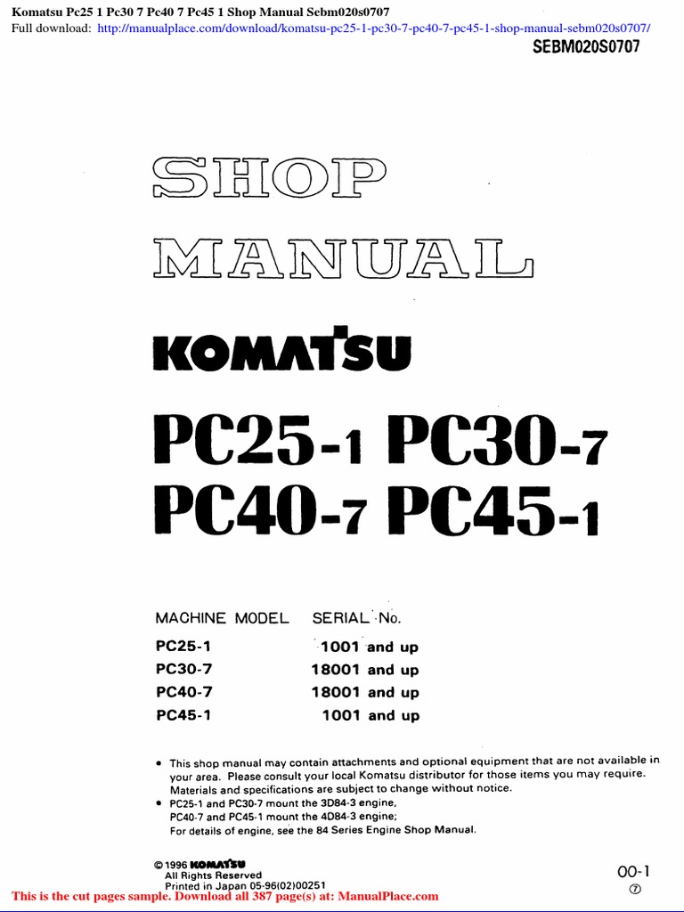 Komatsu pc25 1 pc30 7 pc40 7 pc45 1 Shop Manual Sebm020s0707 | PDF | Computers | Technology ...