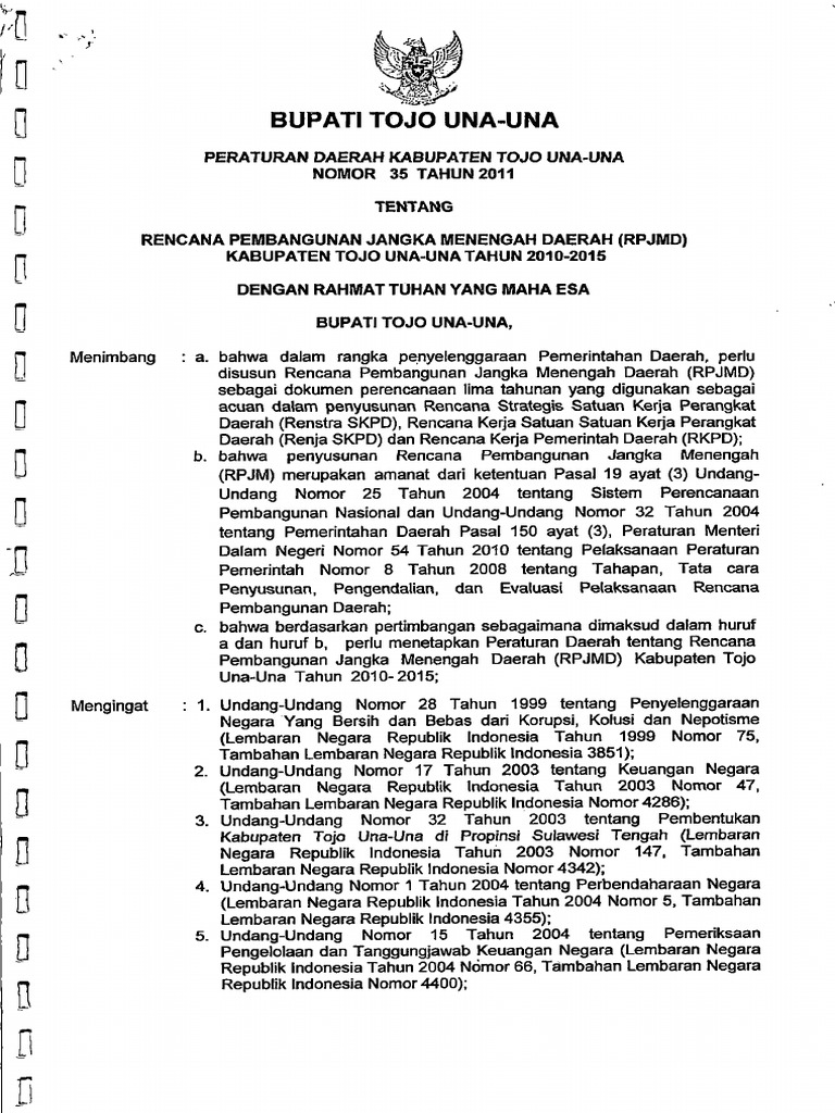Perda No 35 THN 2011 TTG Rencana Pembangunan Jangka Menengah Daerah (RPJMD) Kab Una Una THN 2010 ...