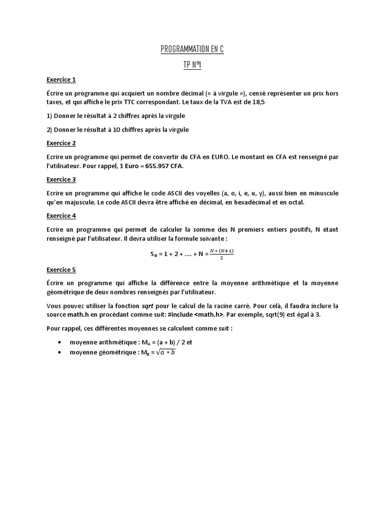 Programmation en C TP N°1: Exercice 1 | PDF | Méthodes et références pédagogiques
