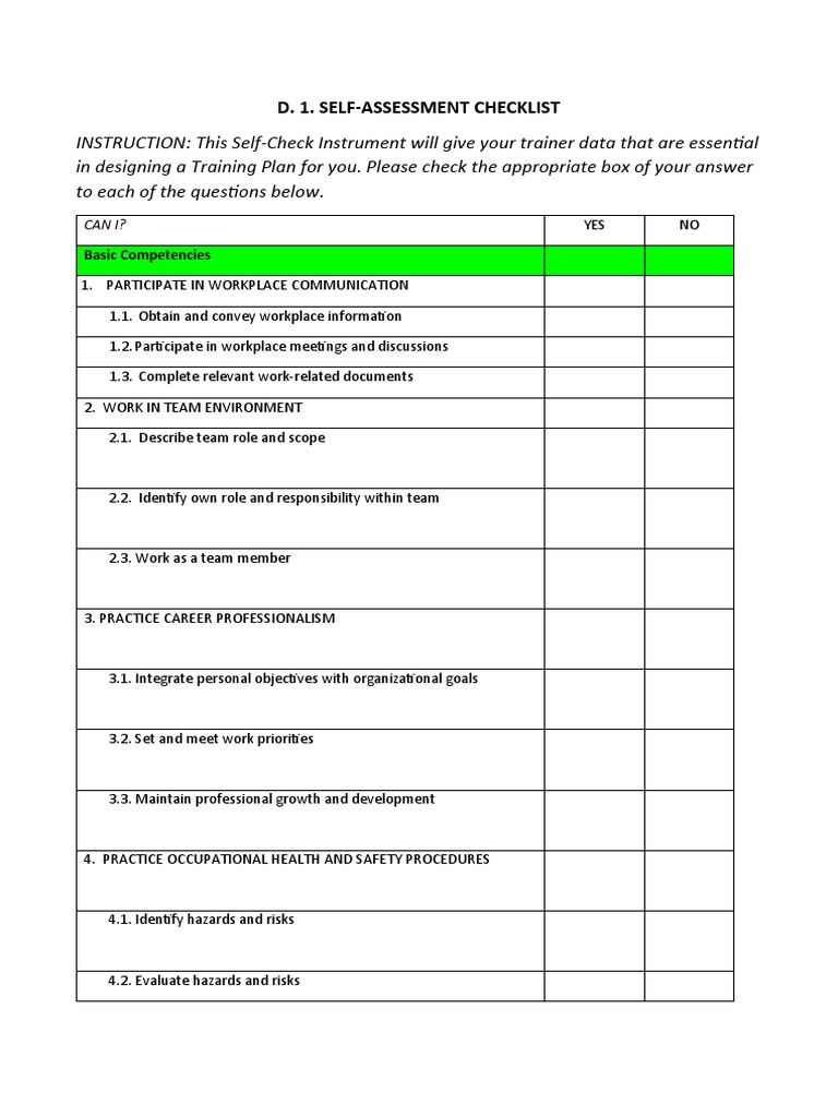 D.1 Self Assessment Guide | PDF | Risk | Clothing