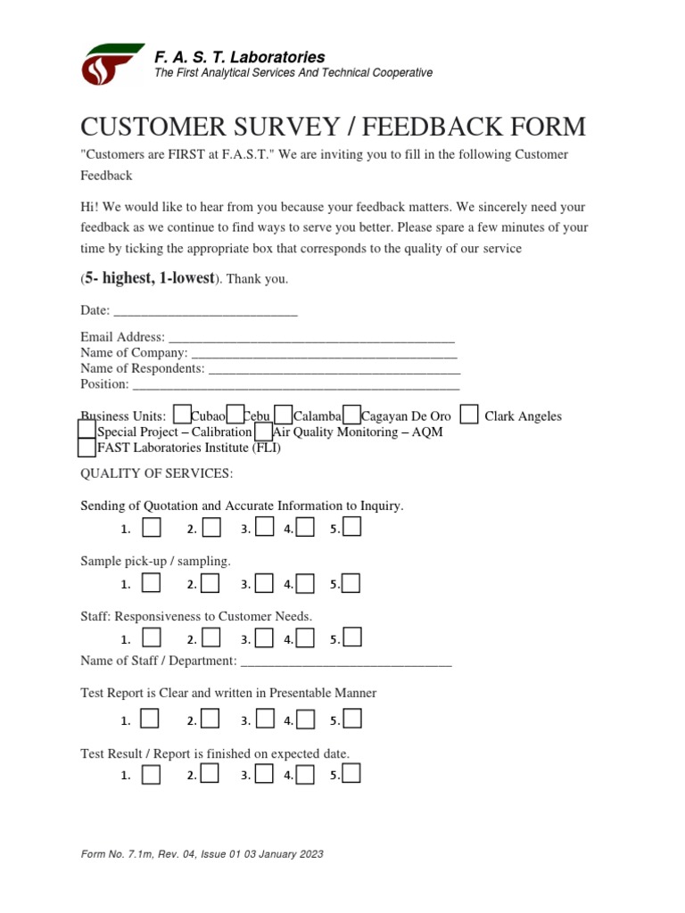 7.1m CUSTOMER SURVEY FORM Rev 03 Issue 01 03 January 2023 (FILLABLE ...