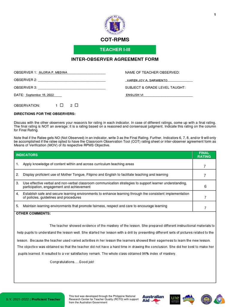 Cot Ratings and Notes For English 6 | PDF | Teachers | Learning