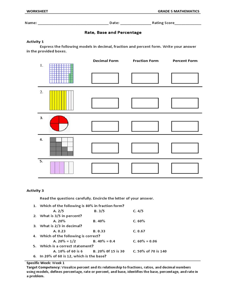 Worksheet in Math5 - Week 1 - Quarter 3 | PDF | Percentage | Odds