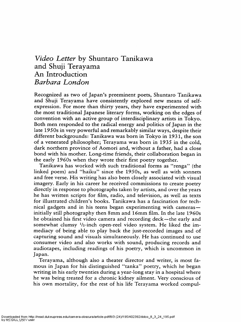 Video Letter by Shuntaro Tanikawa and Shuji Terayama An Introduction | PDF