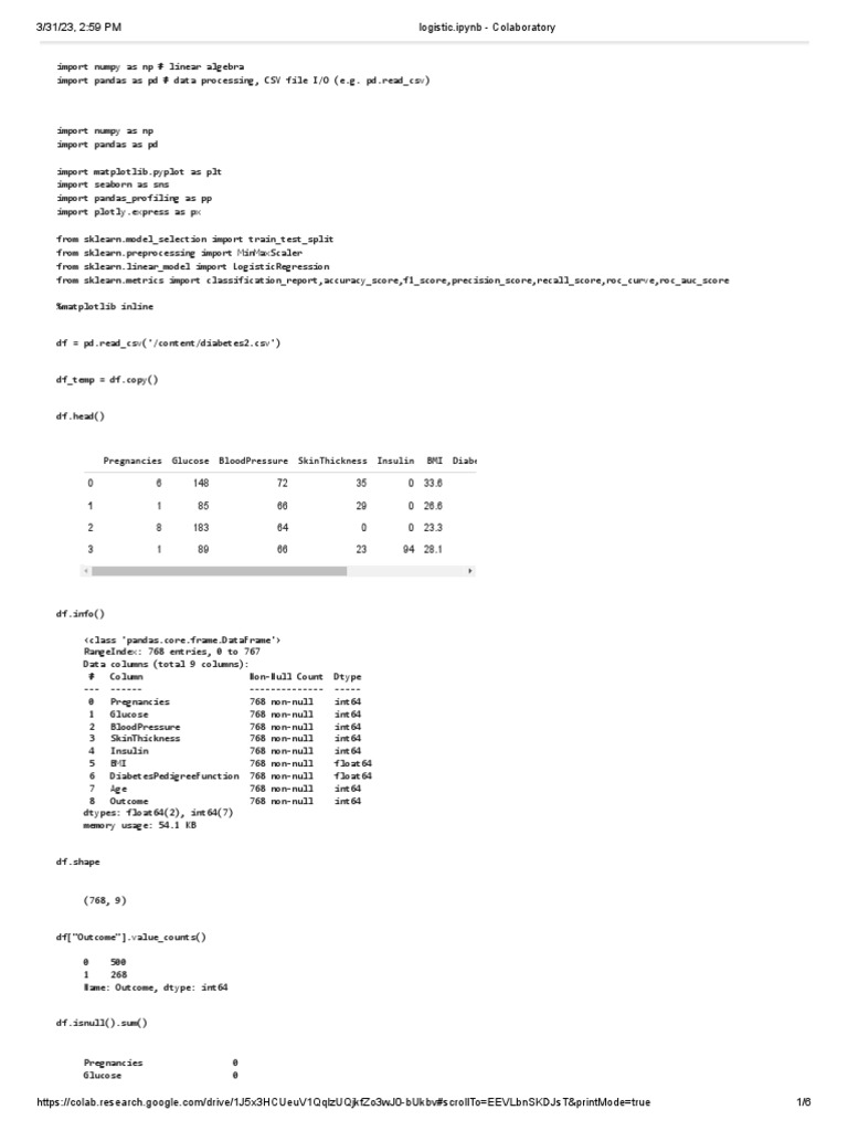 Logistic - Ipynb - Colaboratory | PDF | Diabetes | Applied Mathematics