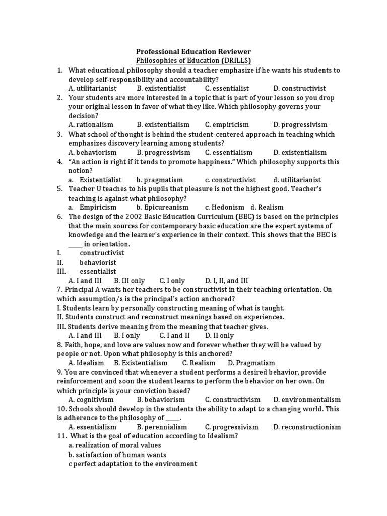 Education Philosophy Quiz Drills | PDF | Philosophy Of Education | Constructivism (Philosophy Of ...