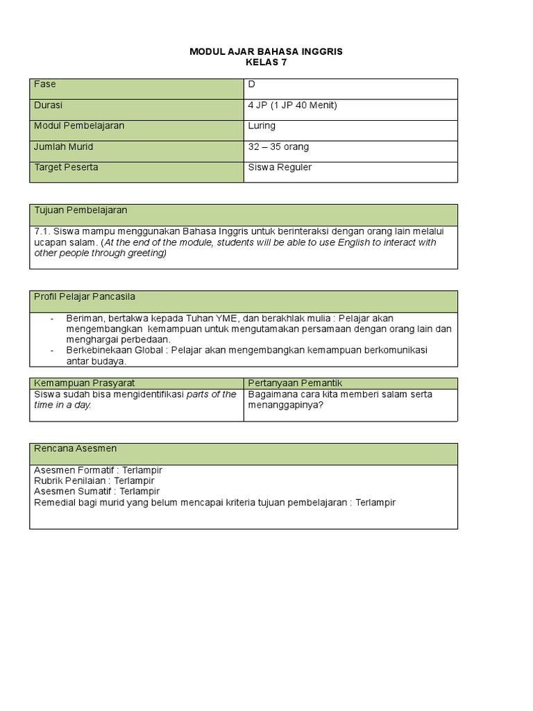 Modul Ajar 1 Kelas 7 Kurikulum Merdeka - Greeting | PDF