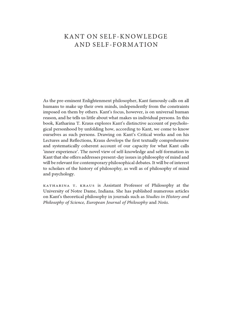Kant On Self-Knowledge and Self-Formation The Nature of Inner Experience (Katharina T. Kraus ...