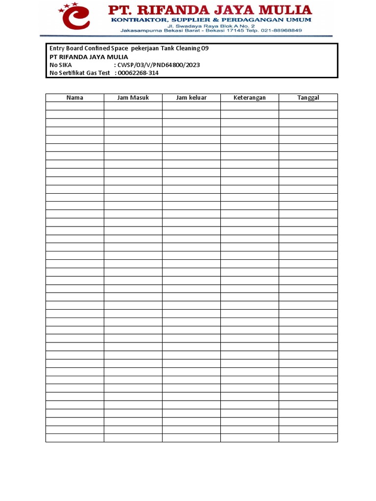 Entry Board Confined Space | PDF