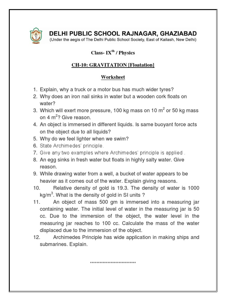 9th gravitation (floatation) worksheet (2) | PDF