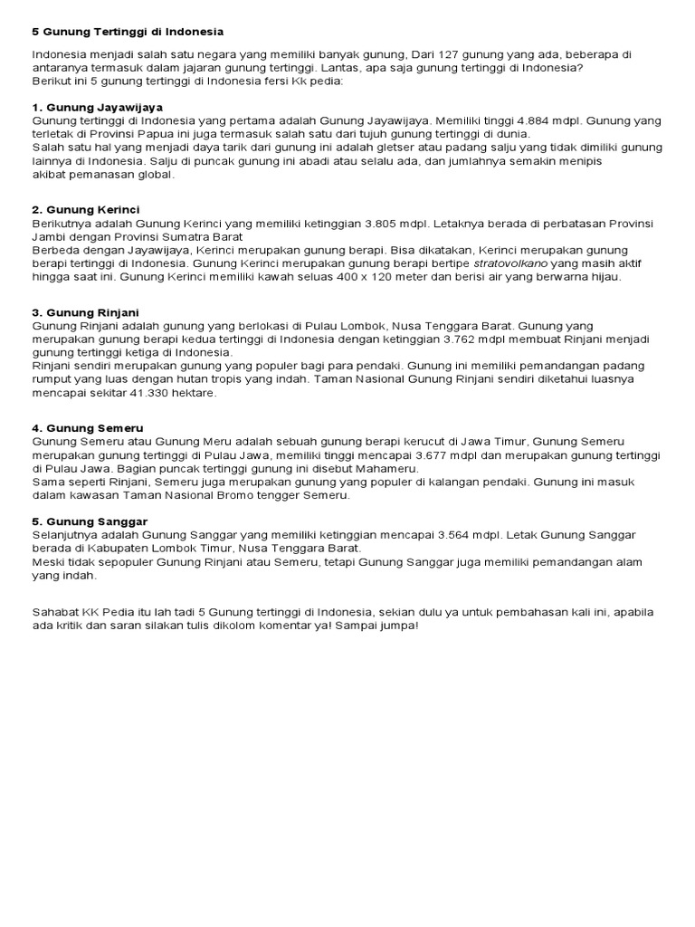 Gunung Tertinggi Di Indonesia | PDF