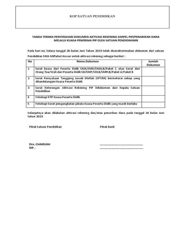 Contoh Berkas Pencairan PIP 2023 | PDF