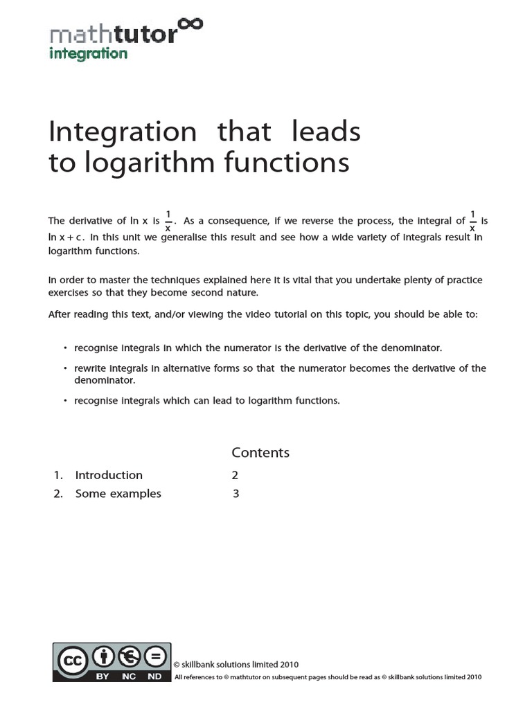 Integrations that leads to logarithm functions | PDF | Derivative ...