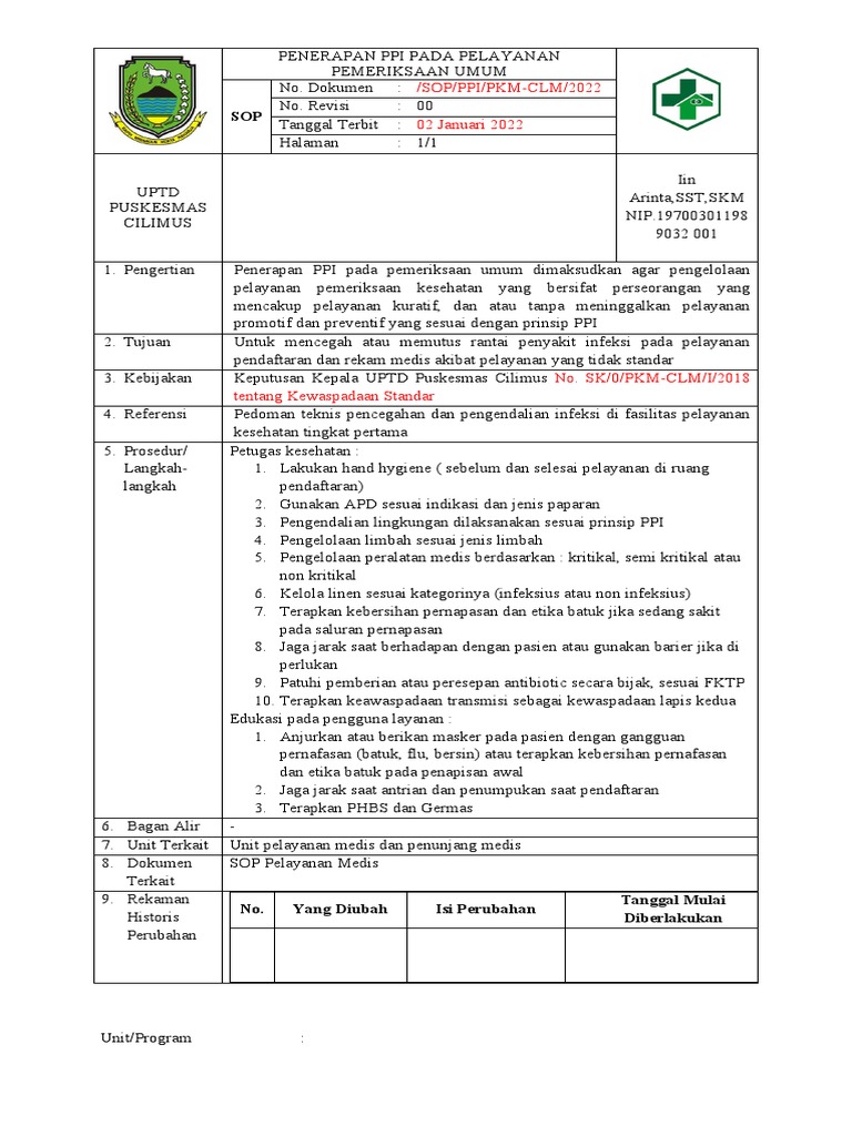 SOP PPI Pemeriksaan Umum Puskesmas | PDF